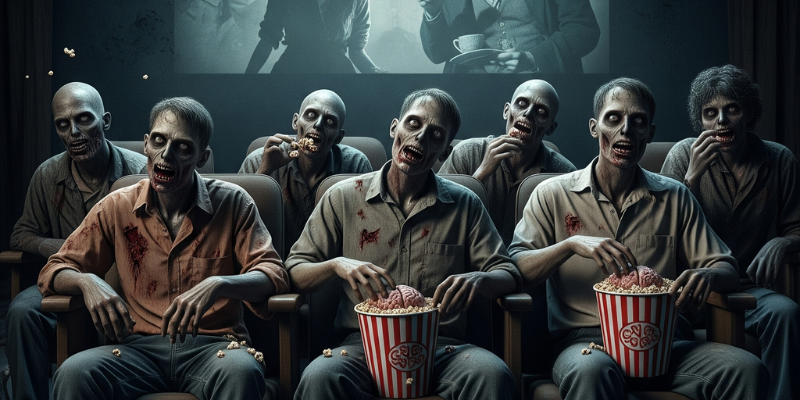 Zombies watching a scary movie in a theater and eating popcorn buckets ...