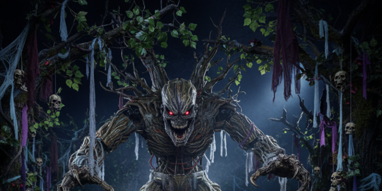 Scary tree-like monster with glowing red eyes coming towards you In a ...
